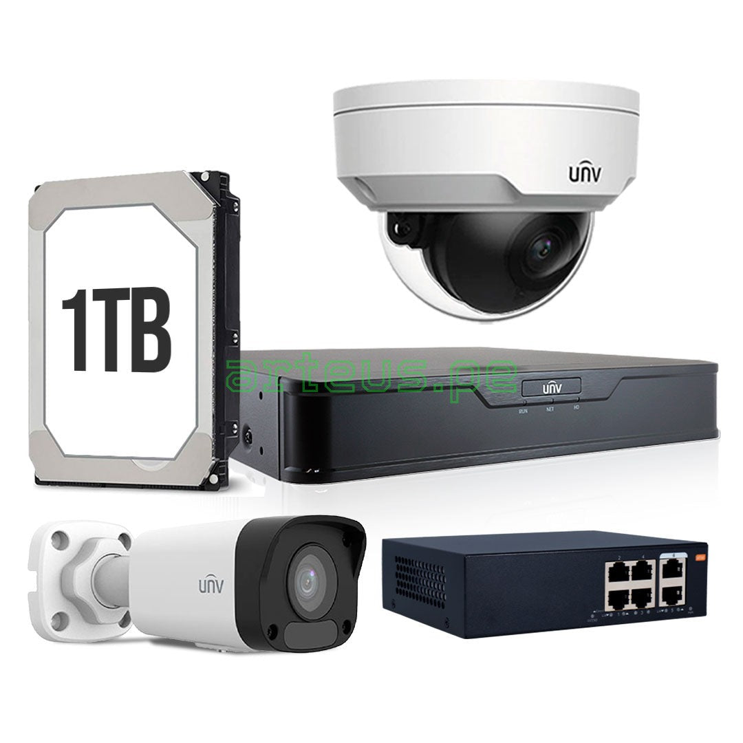 UNIVIEW KITIP-3 Kit cámara de seguridad IP 2MP: NVR 4ch+1Ext+1Int+1TB+